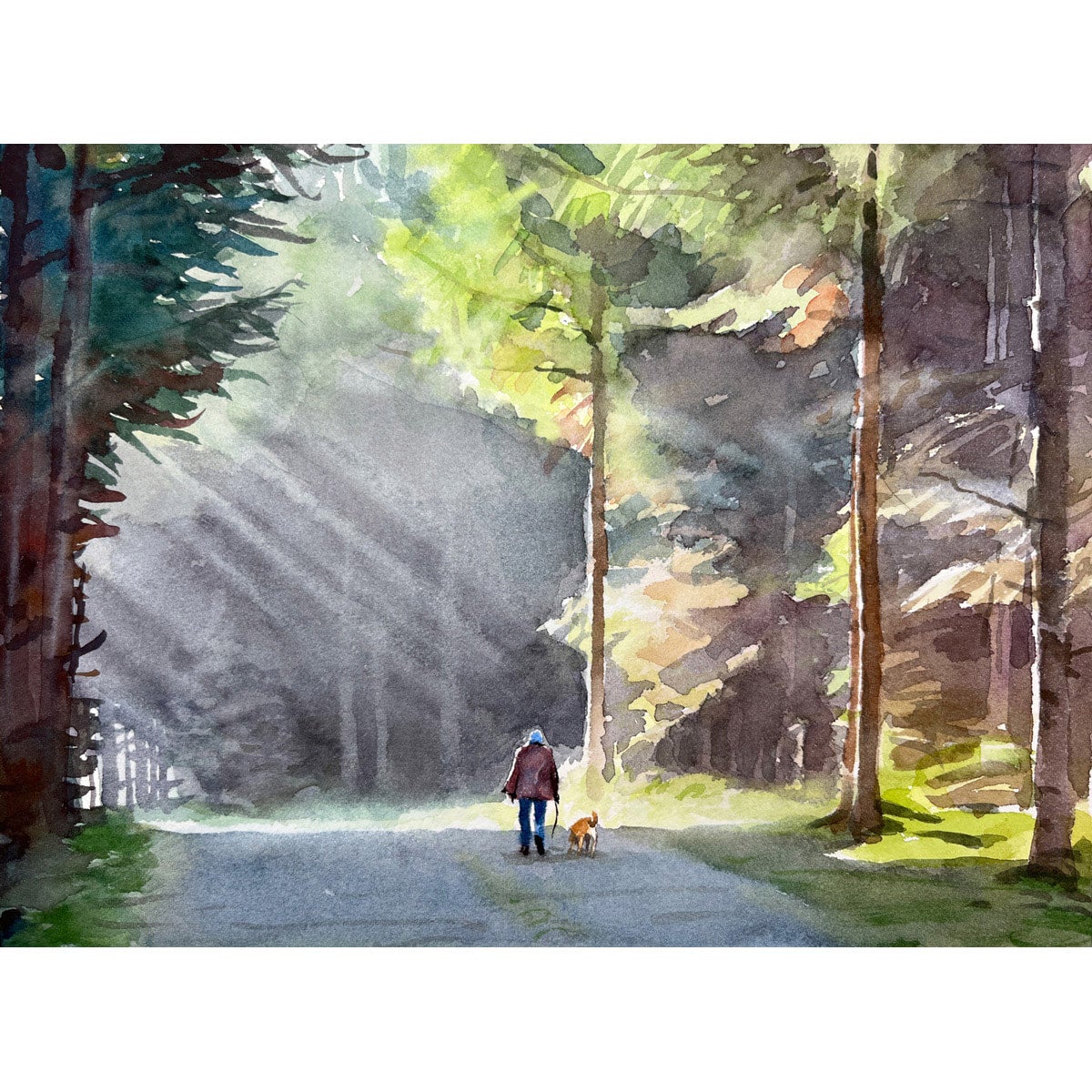 Man walking dog in forest - watercolor | Yong Chen