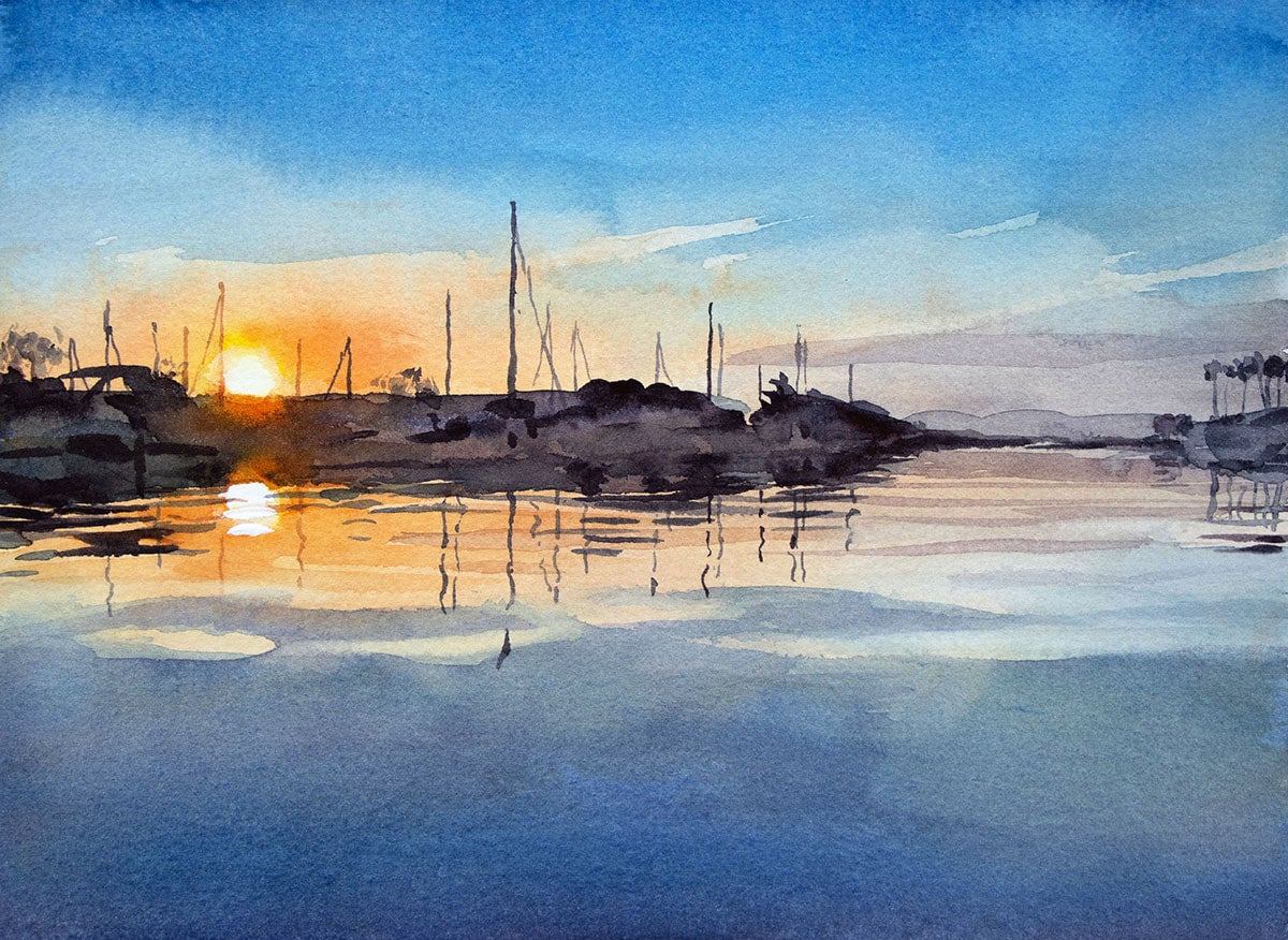 Sunrise on seaport - watercolor | Yong Chen